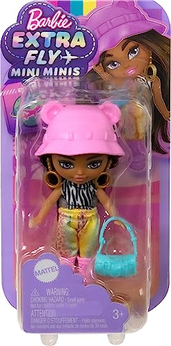 Barbie Extra Mini Minis Travel Doll with Safari Fashion, Animal Print Outfit and Styling Accessories, Barbie Extra Fly Small Doll