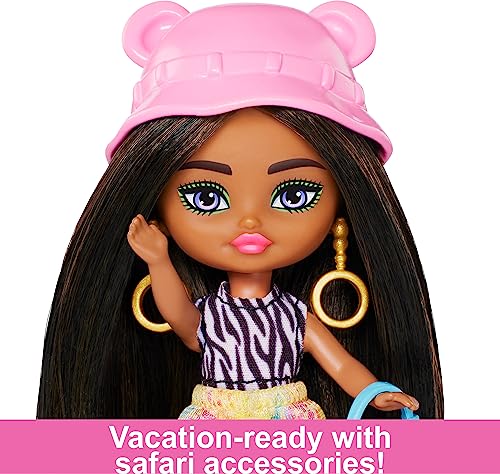 Barbie Extra Mini Minis Travel Doll with Safari Fashion, Animal Print Outfit and Styling Accessories, Barbie Extra Fly Small Doll