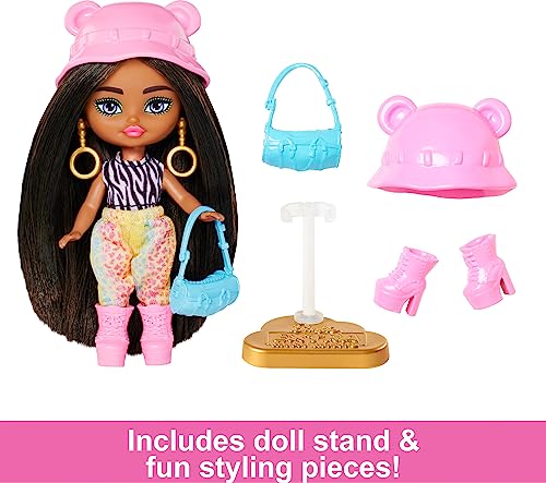 Barbie Extra Mini Minis Travel Doll with Safari Fashion, Animal Print Outfit and Styling Accessories, Barbie Extra Fly Small Doll