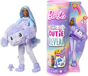 barbie cutie reveal doll with purple hair & poodle costume, 10 suprises include accessories & mini pet (styles may vary)