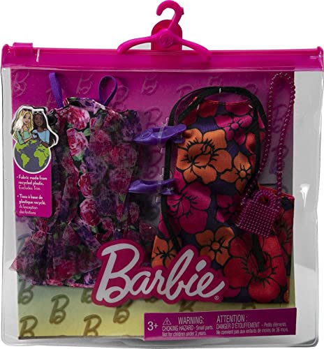 Barbie Clothes, Fashion and Accessory 2-Pack Dolls, 2 Dressy Floral-Themed Outfits with Styling Pieces for Complete Looks