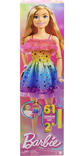 Barbie Large Doll with Blond Hair, 28 Inches Tall, Rainbow Dress and Styling Accessories Including Shooting Star Handbag