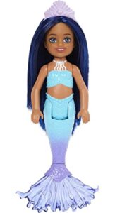 barbie mermaid chelsea doll with midnight blue hair and ombre tail, mermaid toys, crown accessory