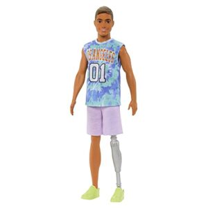 barbie fashionistas ken fashion doll #212 with prosthetic leg, los angeles jersey, purple shorts & sneakers