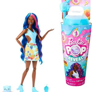 Barbie Pop Reveal Doll & Accessories, Fruit Punch Scent with Blue Hair, 8 Surprises Include Slime, Color Change & Puppy