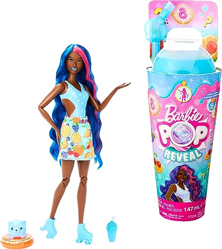 Barbie Pop Reveal Doll & Accessories, Fruit Punch Scent with Blue Hair, 8 Surprises Include Slime, Color Change & Puppy