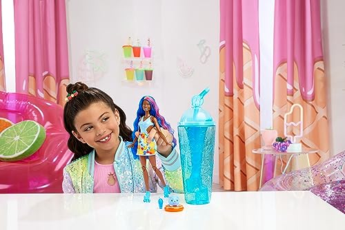 Barbie Pop Reveal Doll & Accessories, Fruit Punch Scent with Blue Hair, 8 Surprises Include Slime, Color Change & Puppy