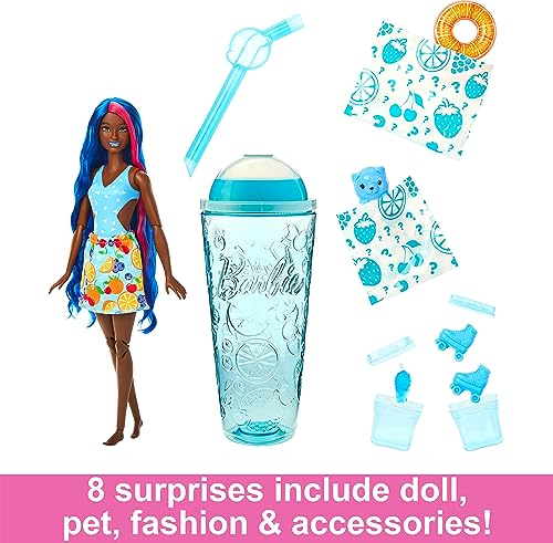 Barbie Pop Reveal Doll & Accessories, Fruit Punch Scent with Blue Hair, 8 Surprises Include Slime, Color Change & Puppy