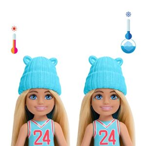 Barbie Color Reveal Dolls, Chelsea Small Doll with 6 Unboxing Surprises Including Color Change, Sporty Series