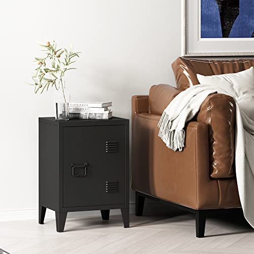 STEEHOOM Nightstand Industrial Design End Side Table Steel Bedside Storage Cabinet with 1 Door for Bedroom, Dorm, Living Room (Black)