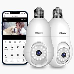 laview 4mp bulb security camera 2.4ghz,360° 2k security cameras wireless outdoor indoor full color day and night, motion detection, audible alarm, easy installation, compatible with alexa (2 pack)