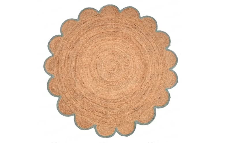 4x4, 5x5, 6x6, Natural Jute Scallop Round Rug, Floor Scalloped Edge Rug Braided Boho Eco Large Circular Handmade Area Rugs (6x6 Ft Round Rug)