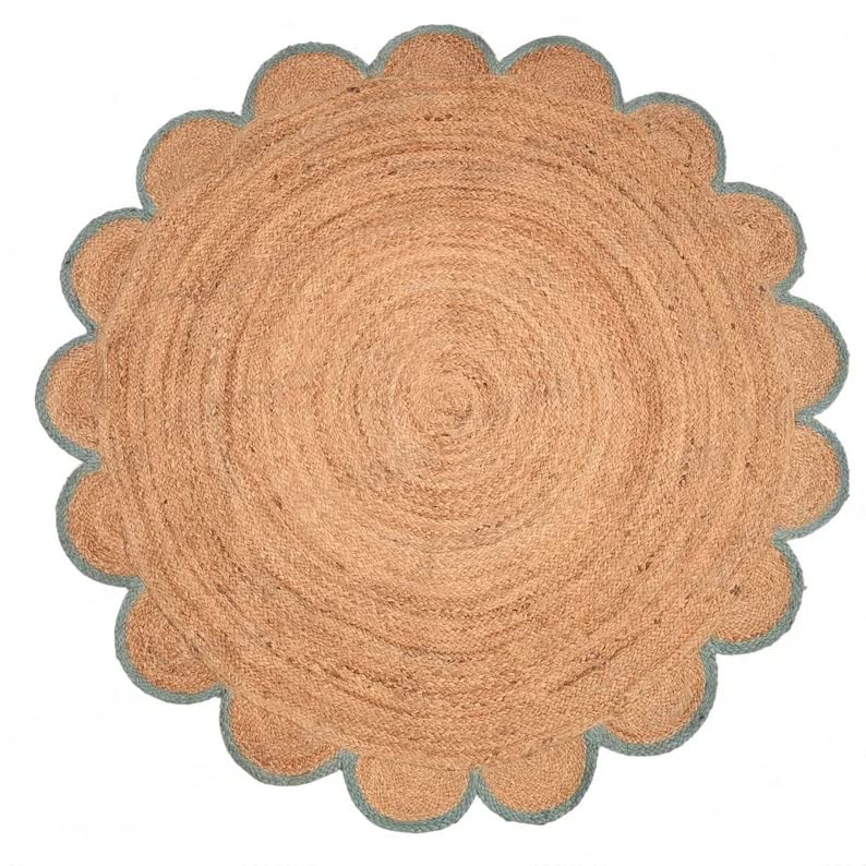 4x4, 5x5, 6x6, Natural Jute Scallop Round Rug, Floor Scalloped Edge Rug Braided Boho Eco Large Circular Handmade Area Rugs (6x6 Ft Round Rug)