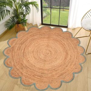 4x4, 5x5, 6x6, Natural Jute Scallop Round Rug, Floor Scalloped Edge Rug Braided Boho Eco Large Circular Handmade Area Rugs (6x6 Ft Round Rug)