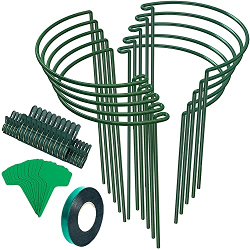 Unves 10 Pack Plant Stakes, 10" W x 16" H High Half Round Metal Peony Cages and Supports with Plant Labels, Clips and Ties, Green Garden Plant Support Ring for Outdoor Plants Tomato, Flowers Vine