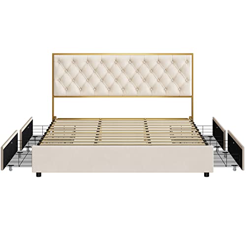 HIFIT King Platform Bed Frame with 4 Storage Drawers, Upholstered with Button Tufted Headboard, Heavy Duty Mattress Foundation with Wooden Slats, No Box Spring Needed, Golden and Beige