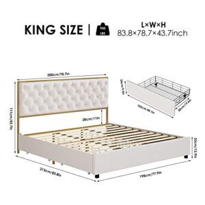 HIFIT King Platform Bed Frame with 4 Storage Drawers, Upholstered with Button Tufted Headboard, Heavy Duty Mattress Foundation with Wooden Slats, No Box Spring Needed, Golden and Beige