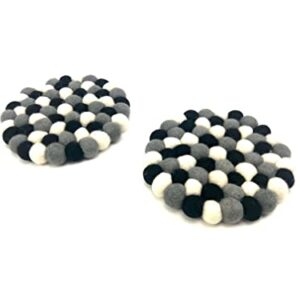 Handmade Trivet, Felt Ball Trivet, Potholders, Trivets, 100% Wool, Felt, Hot Pot Holders (Set of 2) Hot Pads, Flexible, Durable, Heat Resistant Mat, Mats, Round Trivet (Black, Round)