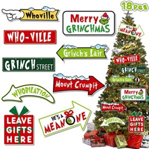 18pcs grinchs ornaments for christmas tree,grinchs tree decor, whoville christmas decorations paper hanging ornaments for winter xmas party favor supplies