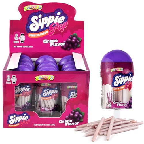 Zazers Sippie Pop Candy Filled Straws - 12 Pack of Grape Flavor Mini Candy Straws Ideal Gift for Easter, Birthday, Christmas, Party Occasions, Family Size Pack, Kosher, Approx. 240 Sticks, Net wt 216g