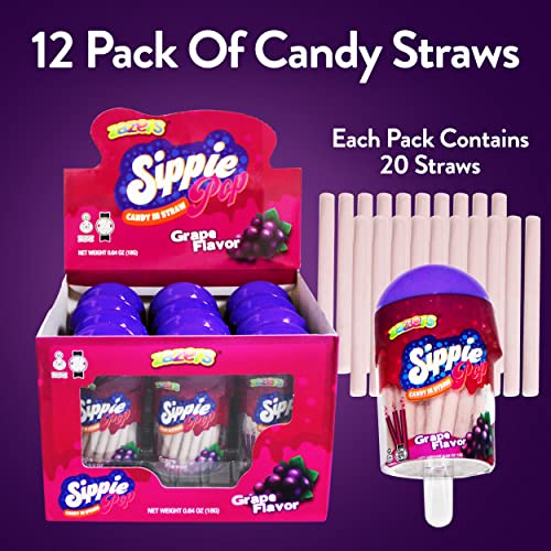 Zazers Sippie Pop Candy Filled Straws - 12 Pack of Grape Flavor Mini Candy Straws Ideal Gift for Easter, Birthday, Christmas, Party Occasions, Family Size Pack, Kosher, Approx. 240 Sticks, Net wt 216g