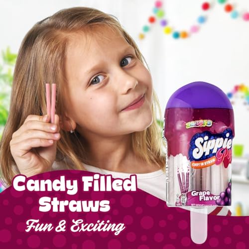 Zazers Sippie Pop Candy Filled Straws - 12 Pack of Grape Flavor Mini Candy Straws Ideal Gift for Easter, Birthday, Christmas, Party Occasions, Family Size Pack, Kosher, Approx. 240 Sticks, Net wt 216g