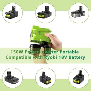 150W Powered Inverter Generator for Ryobi 18V Lithium Battery，ryobi Battery Inverter Power Station with 2-USB&AC 110V-120v，Power Inverter with 200LM LED Light USB Cable