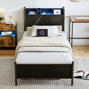 ikifly led bed frame twin xl with storage shelf headboard & charging station, heavy duty metal and wood platform bed frame with under-bed storage, noise free, no box spring needed - black