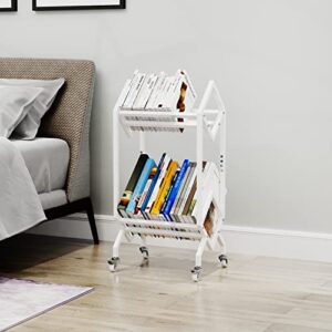 VEDECASA Bookshelf Book Cart Rack Industrial Metal Bookcase 2 Tier Holder with Wheels Modern Stylish Design Magazines Files Album Recipe Book Storage Organizer for Sofa End Bed Beside