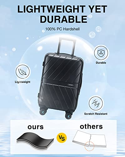 BAGSMART Carry On Luggage 22x14x9 Airline Approved, 1OO% PC Lightweight Carry On Hardside Suitcase, 20 Inch Hard Shell Luggage with Spinner Wheels, Waterproof Rolling Suitcase for Men and Women, Black