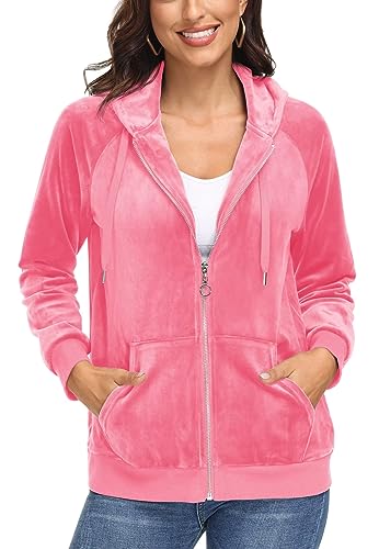 MAGCOMSEN Women's Velvet Hoodie with Side Pockets Velour Long Sleeve Outerwear Velour Fleece Jacket Fluorescent Pink L