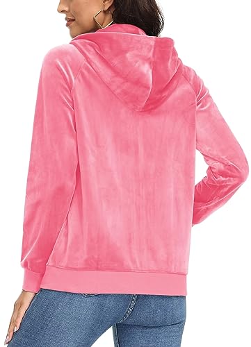 MAGCOMSEN Women's Velvet Hoodie with Side Pockets Velour Long Sleeve Outerwear Velour Fleece Jacket Fluorescent Pink L