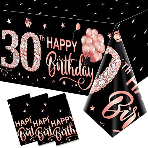 3 Pack 30th Birthday Tablecloth Decorations for Women, Rose Gold Happy Thirty Birthday Theme Table Cover Party Supplies, 30 Year Old Birthday Plastic Disposable Rectangular Table Cloth Decor