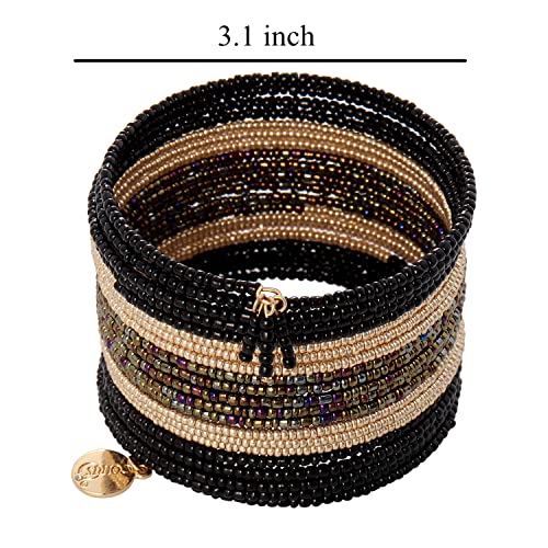 Coiris Multilayer Seed Beads Stretch Bracelets Tiny Beaded Stackable Strand Bangle for Women Girls（BR-1211-Black Gold Ancient Brown）