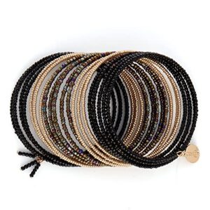 Coiris Multilayer Seed Beads Stretch Bracelets Tiny Beaded Stackable Strand Bangle for Women Girls（BR-1211-Black Gold Ancient Brown）