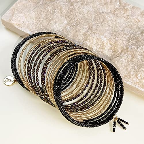 Coiris Multilayer Seed Beads Stretch Bracelets Tiny Beaded Stackable Strand Bangle for Women Girls（BR-1211-Black Gold Ancient Brown）