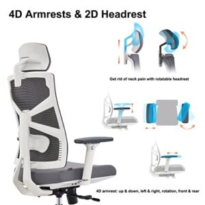 HOLLUDLE Ergonomic Office Chair with Adaptive Backrest, High Back Computer Desk Chair with 4D Armrests, Adjustable Seat Depth, Lumbar Support and 2D Headrest, Swivel Task Chair, White