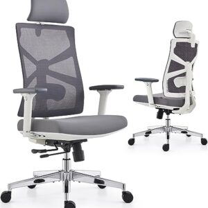 HOLLUDLE Ergonomic Office Chair with Adaptive Backrest, High Back Computer Desk Chair with 4D Armrests, Adjustable Seat Depth, Lumbar Support and 2D Headrest, Swivel Task Chair, White