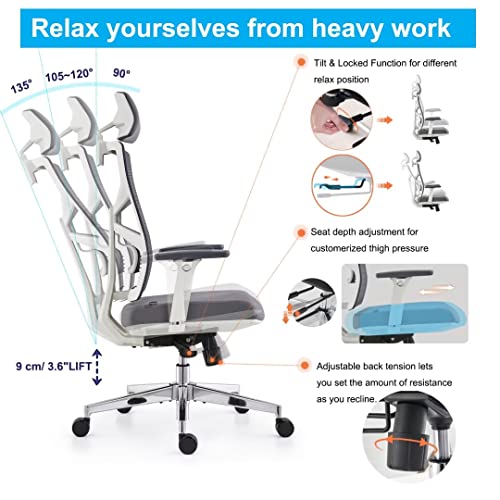 HOLLUDLE Ergonomic Office Chair with Adaptive Backrest, High Back Computer Desk Chair with 4D Armrests, Adjustable Seat Depth, Lumbar Support and 2D Headrest, Swivel Task Chair, White