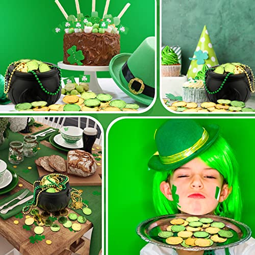 231 Pieces St. Patrick's Day Cauldron Set, Includes Black Leprechaun Cauldron with Handle 200 Shamrock Plastic Coins 30 Green and Gold Beaded Necklaces for St. Patrick's Day Party Decoration Supplies