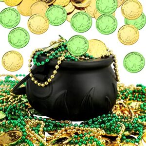 231 pieces st. patrick's day cauldron set, includes black leprechaun cauldron with handle 200 shamrock plastic coins 30 green and gold beaded necklaces for st. patrick's day party decoration supplies