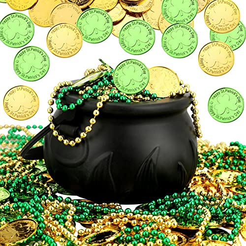 231 Pieces St. Patrick's Day Cauldron Set, Includes Black Leprechaun Cauldron with Handle 200 Shamrock Plastic Coins 30 Green and Gold Beaded Necklaces for St. Patrick's Day Party Decoration Supplies