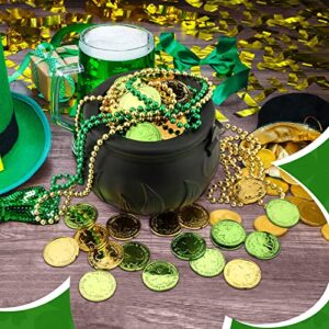 231 Pieces St. Patrick's Day Cauldron Set, Includes Black Leprechaun Cauldron with Handle 200 Shamrock Plastic Coins 30 Green and Gold Beaded Necklaces for St. Patrick's Day Party Decoration Supplies