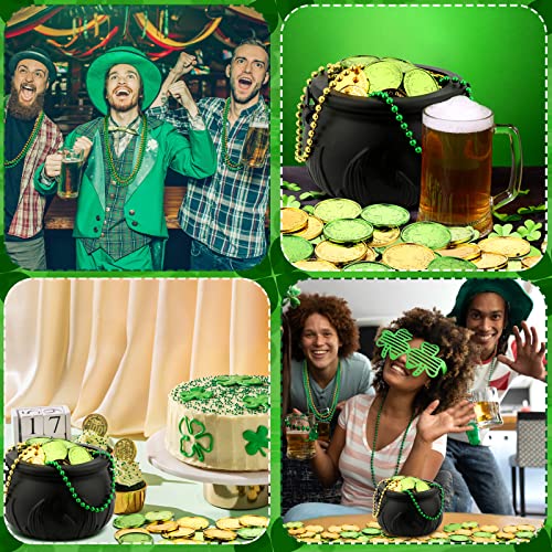 231 Pieces St. Patrick's Day Cauldron Set, Includes Black Leprechaun Cauldron with Handle 200 Shamrock Plastic Coins 30 Green and Gold Beaded Necklaces for St. Patrick's Day Party Decoration Supplies