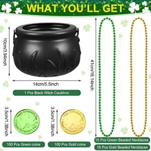 231 Pieces St. Patrick's Day Cauldron Set, Includes Black Leprechaun Cauldron with Handle 200 Shamrock Plastic Coins 30 Green and Gold Beaded Necklaces for St. Patrick's Day Party Decoration Supplies