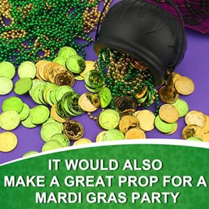 231 Pieces St. Patrick's Day Cauldron Set, Includes Black Leprechaun Cauldron with Handle 200 Shamrock Plastic Coins 30 Green and Gold Beaded Necklaces for St. Patrick's Day Party Decoration Supplies