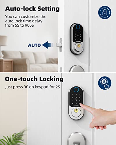 Keyless Entry Door Lock, Zomnua Fingerprint Smart Front Door Locks with Keypads, Smart Digital Biometric Electric Deadbolt Lock with Auto Lock, Fob, Code, Touchscreen,Silver