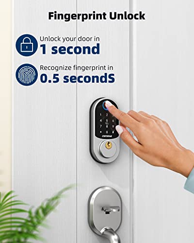 Keyless Entry Door Lock, Zomnua Fingerprint Smart Front Door Locks with Keypads, Smart Digital Biometric Electric Deadbolt Lock with Auto Lock, Fob, Code, Touchscreen,Silver