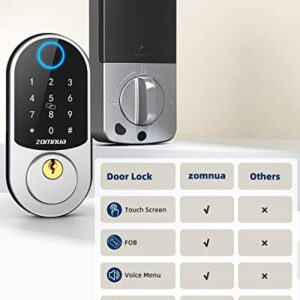 Keyless Entry Door Lock, Zomnua Fingerprint Smart Front Door Locks with Keypads, Smart Digital Biometric Electric Deadbolt Lock with Auto Lock, Fob, Code, Touchscreen,Silver