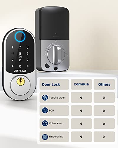 Keyless Entry Door Lock, Zomnua Fingerprint Smart Front Door Locks with Keypads, Smart Digital Biometric Electric Deadbolt Lock with Auto Lock, Fob, Code, Touchscreen,Silver